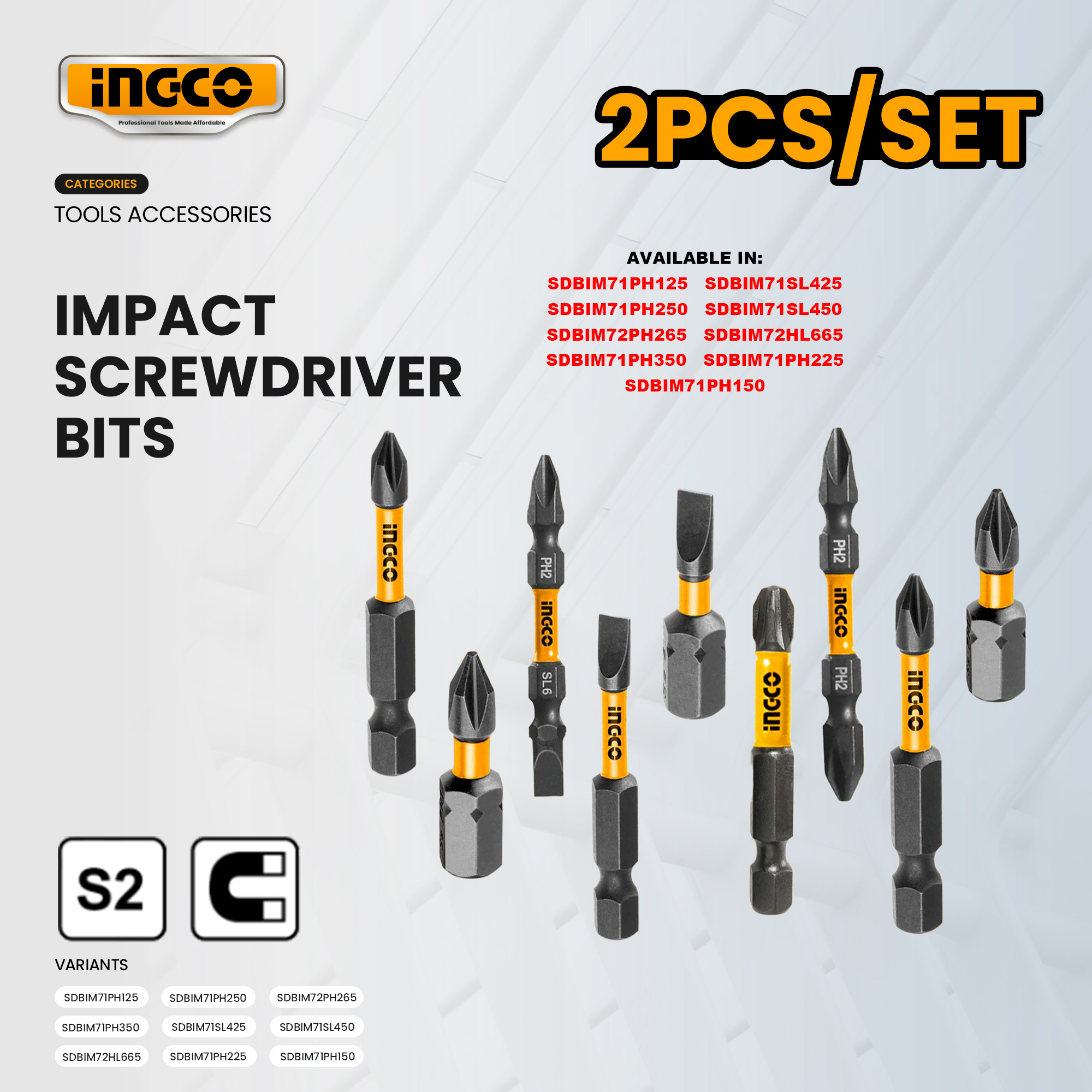 Ingco 2pcs Impact Screwdriver Bit Set S2 Magnetic Phillips/Slotted Bits ...