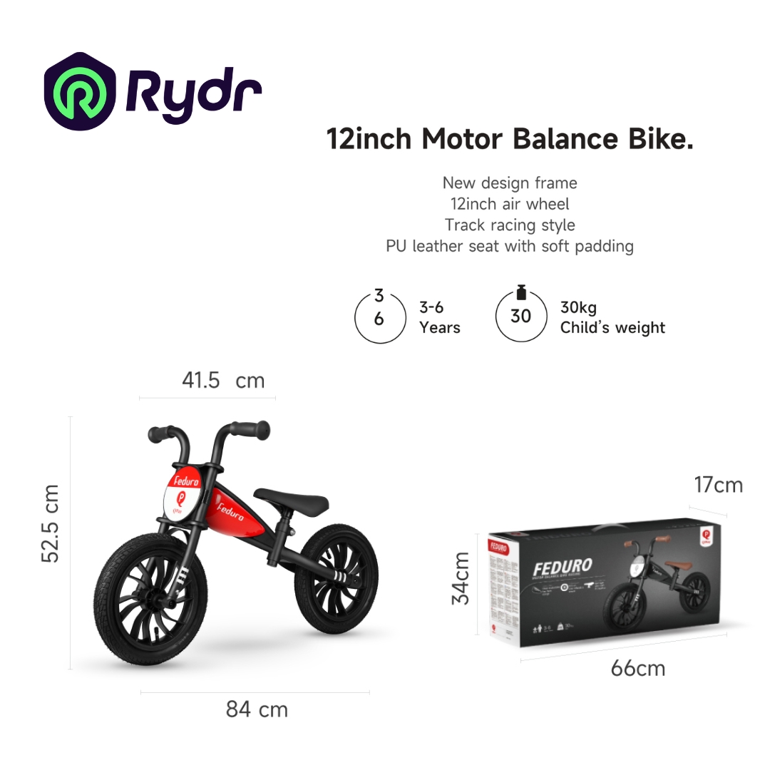 Rydr PH – QPlay Feduro Motor Balance Bike – 12" Air Wheels, Adjustable ...
