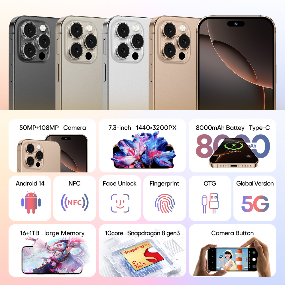 I16 Pro Max Cellphone Original 5G 16GB+1TB Mobile Phone 120Hz 7.5 Inch ...