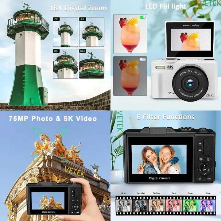 5K Digital Camera 75MP HD Photography 180° Flip Screen Mini Selfie ...