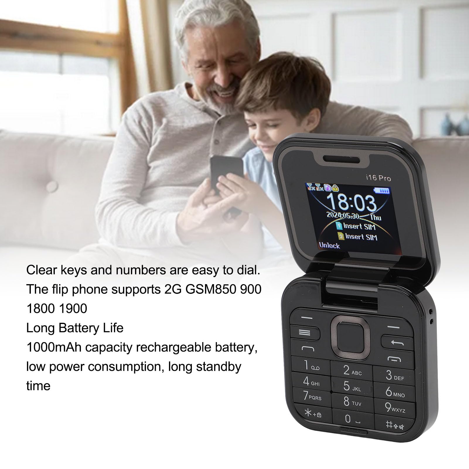 i16 Pro Flip Phone Foldable Dual SIM 2G Keypad FM Radio 120H Endurance ...