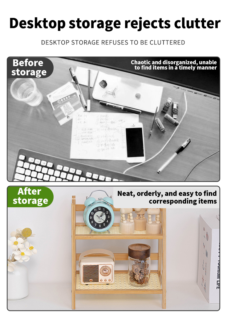 Storage Rack organizer Wooden Double-Layer Table Shelf Rattan Bedroom ...