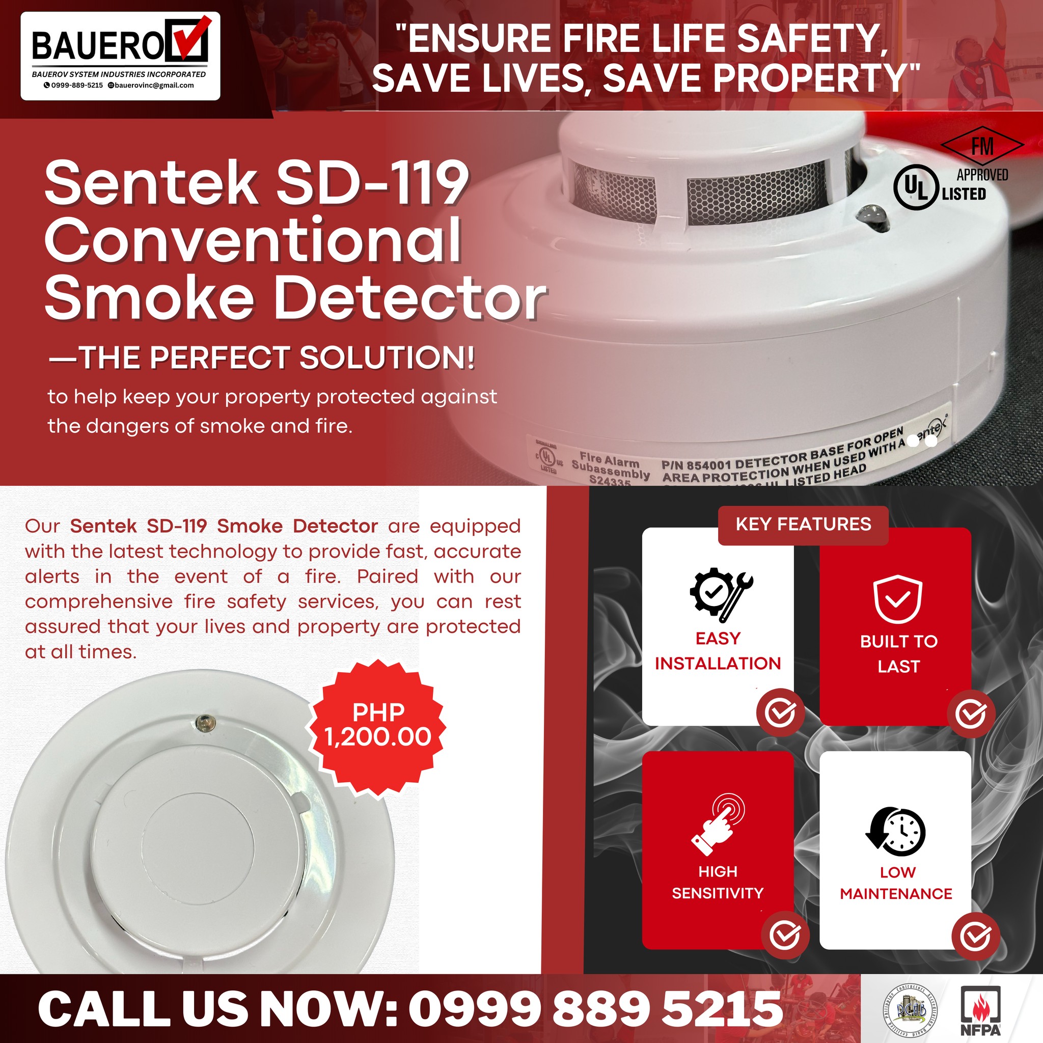 CONVENTIONAL SMOKE DETECTOR - SENTEK SD119-2L - NOT BATTERY OPERATED ...