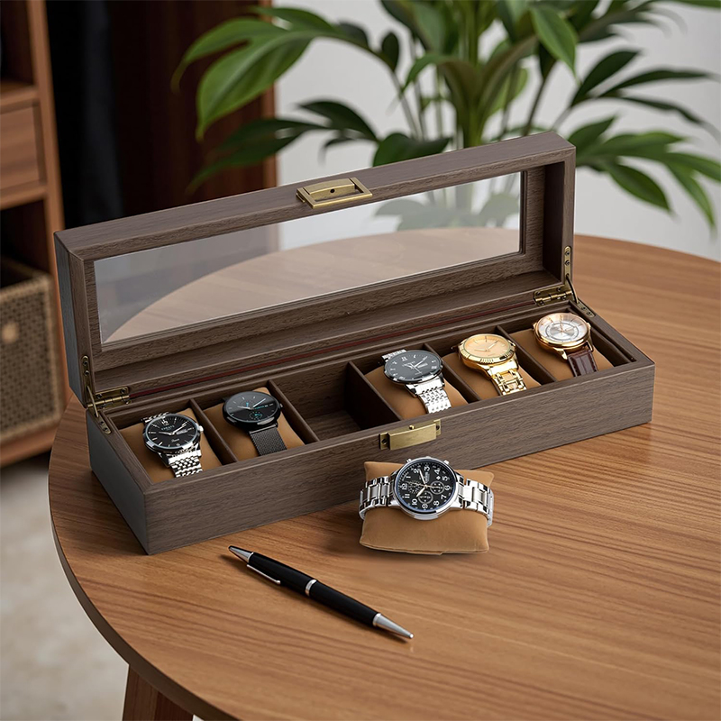 10 Slots Watch Storage Box Wood Dust Proof Glass Cover Apple Watch Box ...