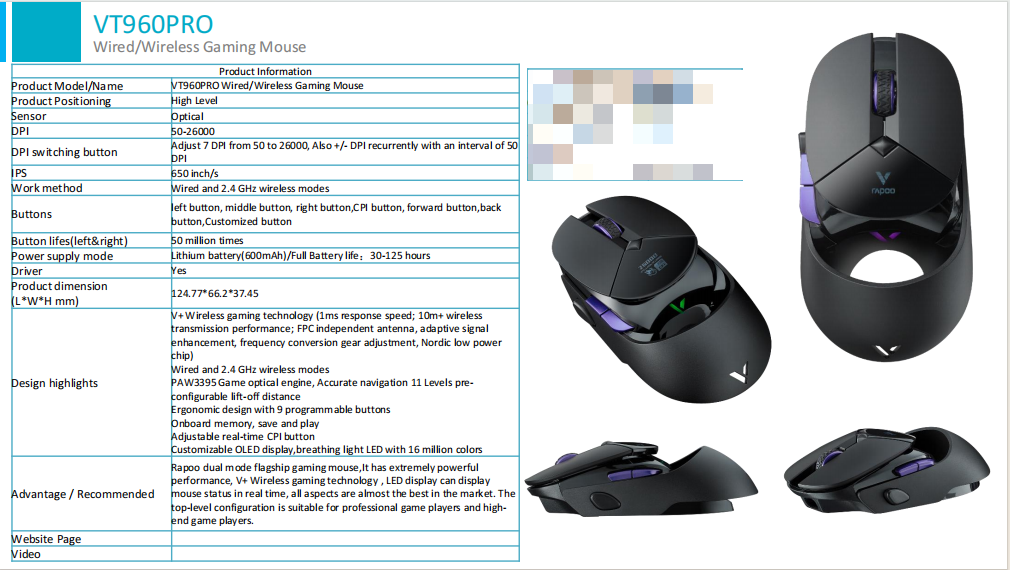 Rapoo VT960S/VT960PRO OLED Display PAW3370 19000DPI Wireless Gaming ...