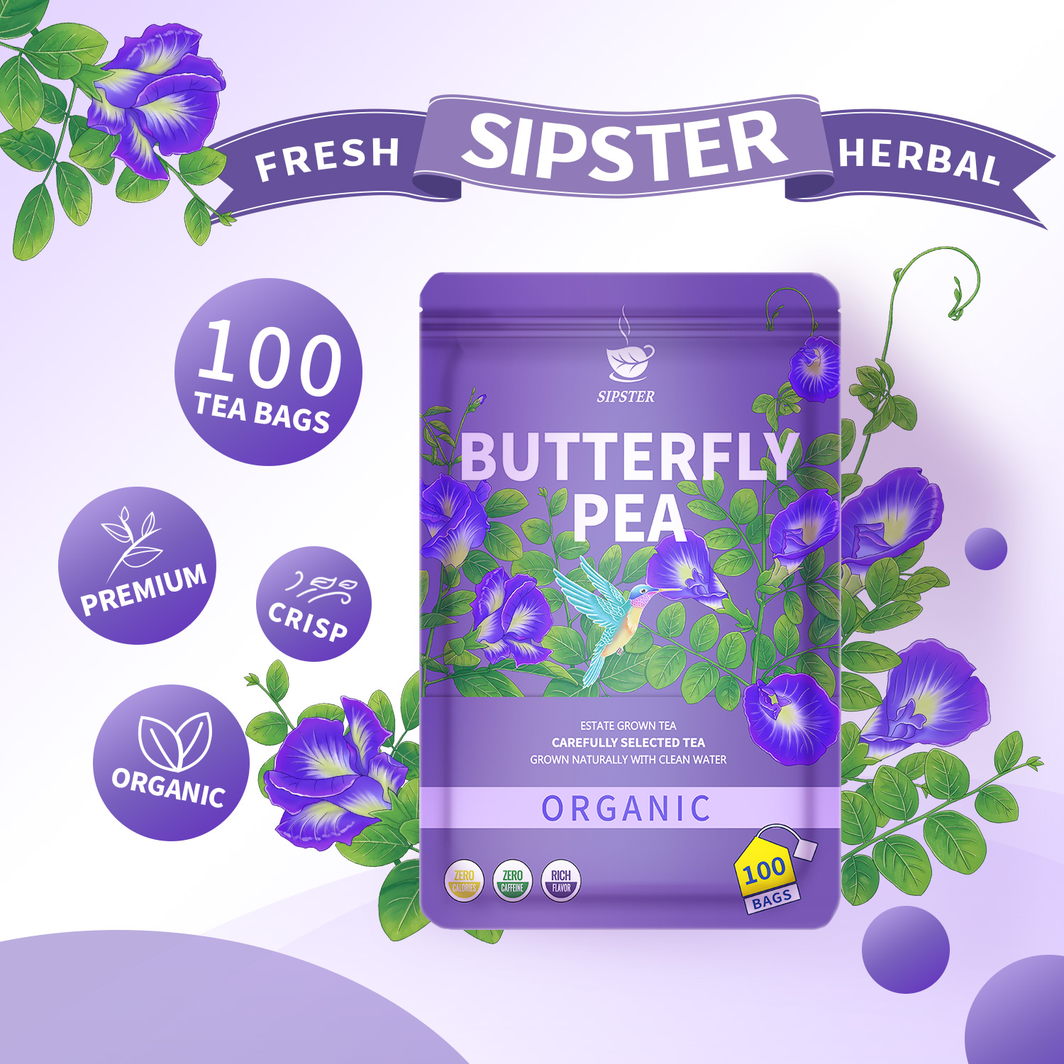 Sipster Butterfly Pea Tea 100 Tea Bags | Organic Herbal Tea | Eco-Friendly | Shopee Philippines