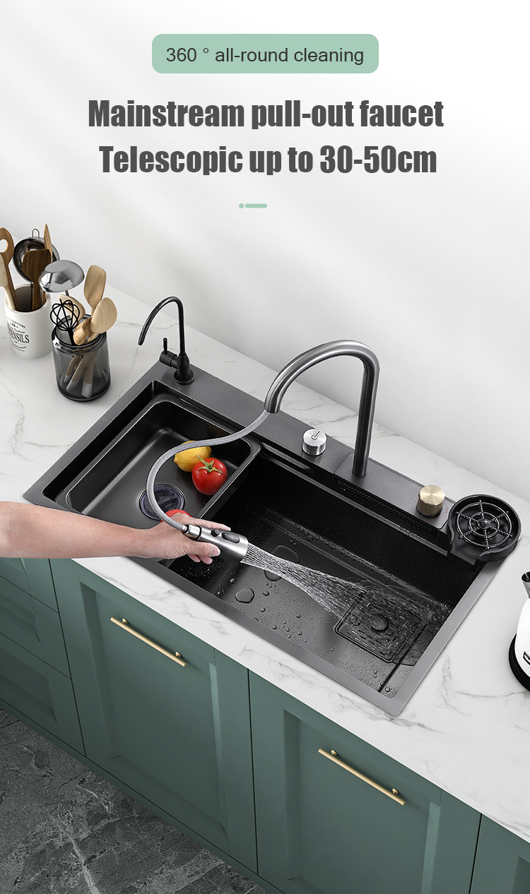 Digital high-end display waterfall style kitchen sink single slot 304 ...
