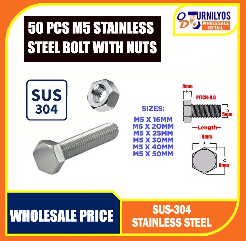 50 SETS STAINLESS M5 HEX BOLTS WITH NUTS PITCH 0.8 | Shopee Philippines