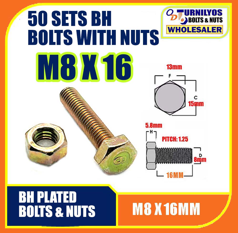 50 SETS PLATED M8 BH HEX BOLTS & NUTS PITCH 1.25 For Roofing and ...