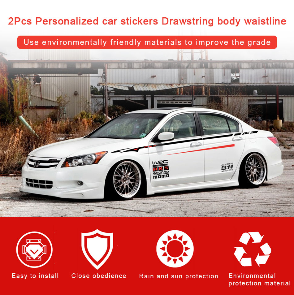 2Pcs Car Body Side Door Stickers Universal Vinyl DIY Modified Sports ...