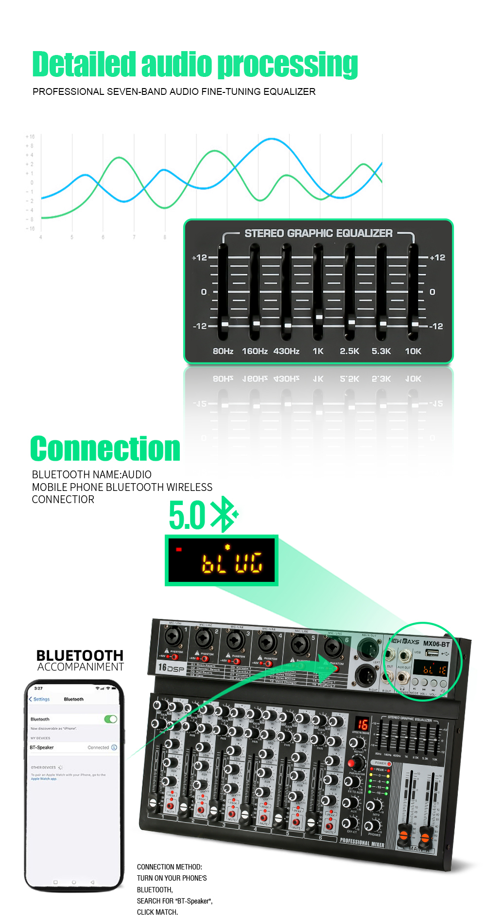 NEW BAXS MX06BT professional mixer 6-channel built-in na EQ 16DSP ...