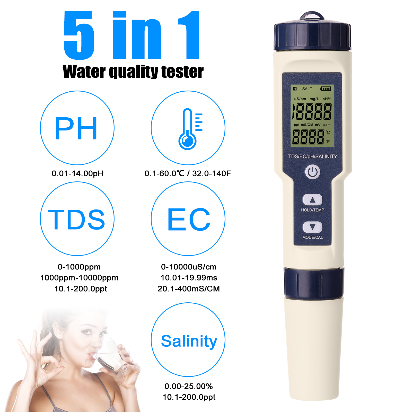 5 In 1 Ph Meter Water Quality Tester Versatile Ph/Ec/Tds/Salinity/Temp ...