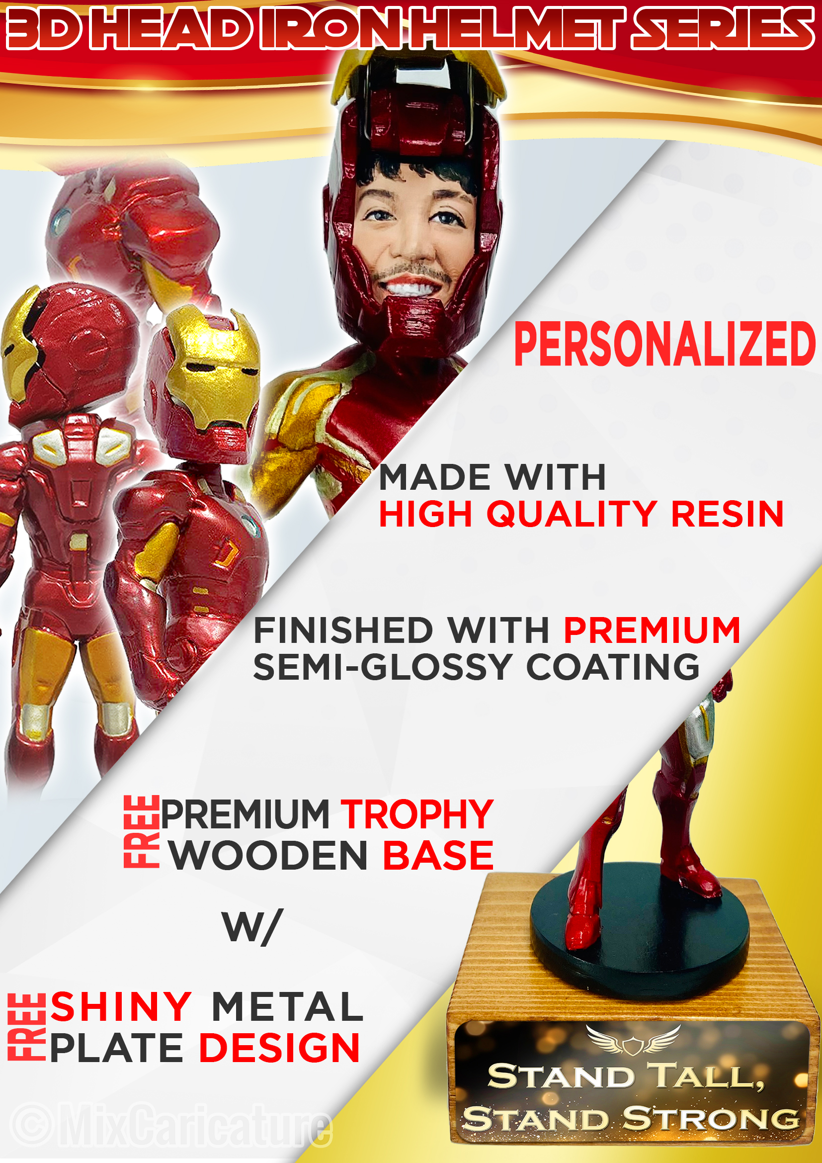 VIP Custom 3D face Iron Helm Trophy - Model D Free Base(w/ Shiny Metal ...
