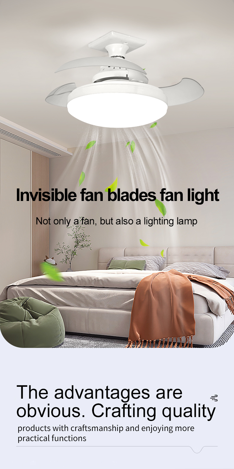 Jiditech E27 Ceiling Light Fan Invisible Blade Fan 3 Blades Ceiling Fan ...