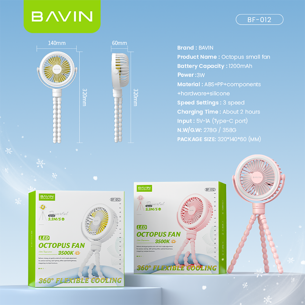 BAVIN BF012 Flexible Clip-On Fan – 360° Rotating LED Mini Fan for ...