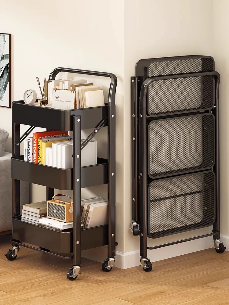 3 Tier Metal Rolling Cart Folding Utility Trolley Cart Organizer ...