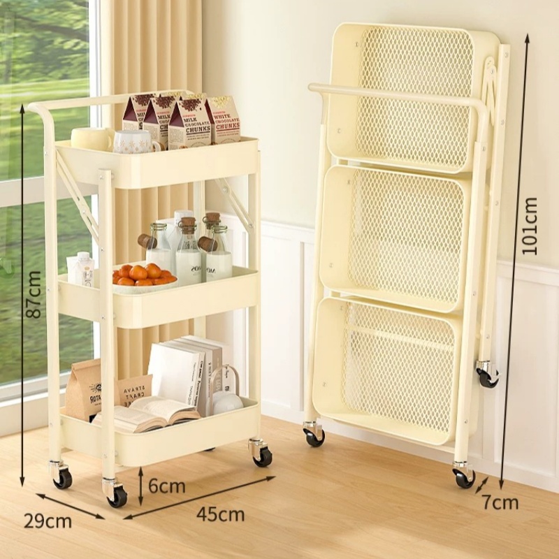 3 Tier Metal Rolling Cart Folding Utility Trolley Cart Organizer ...