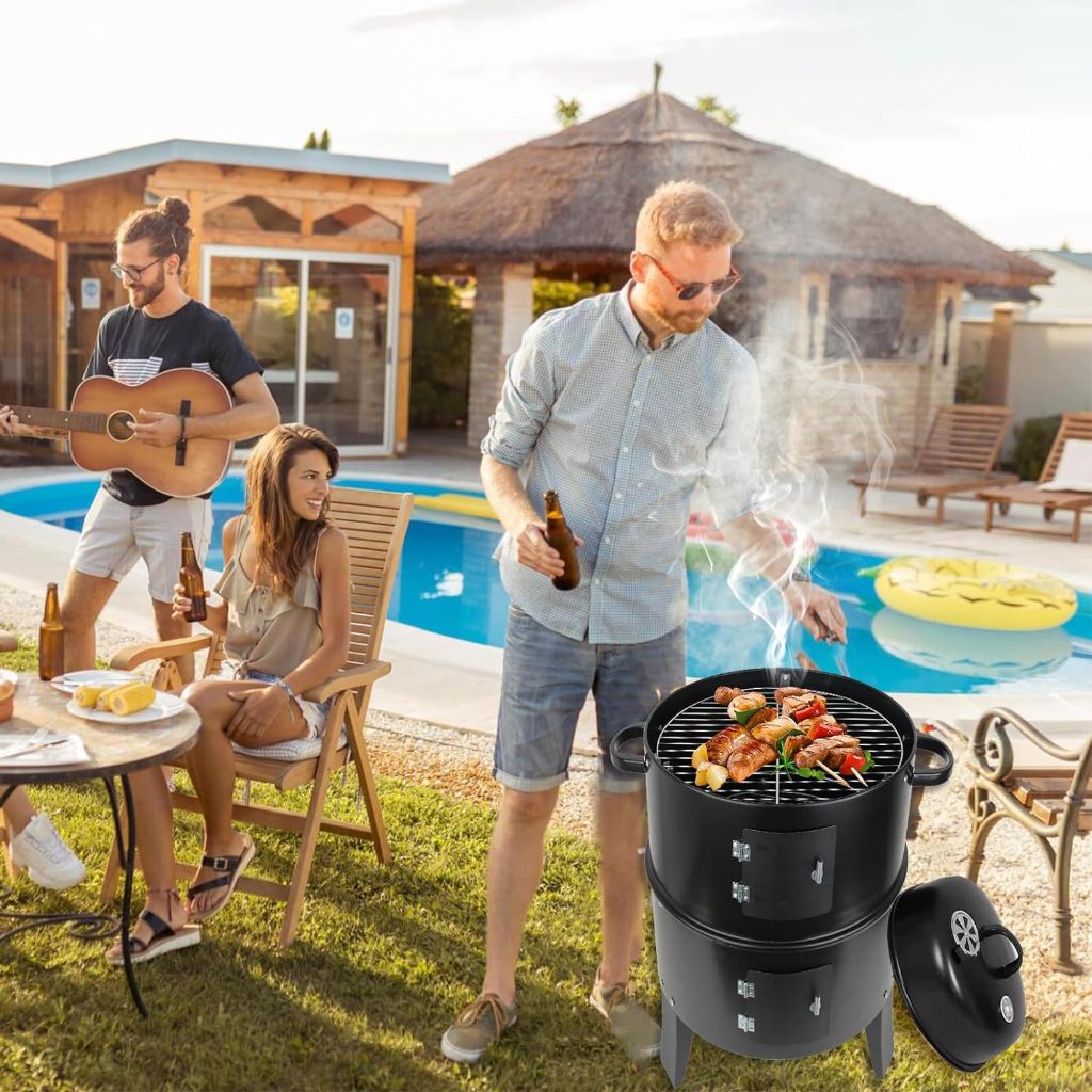 3-in-1 Charcoal BBQ Smoker, Outdoor Grill Cooker with Built-in ...