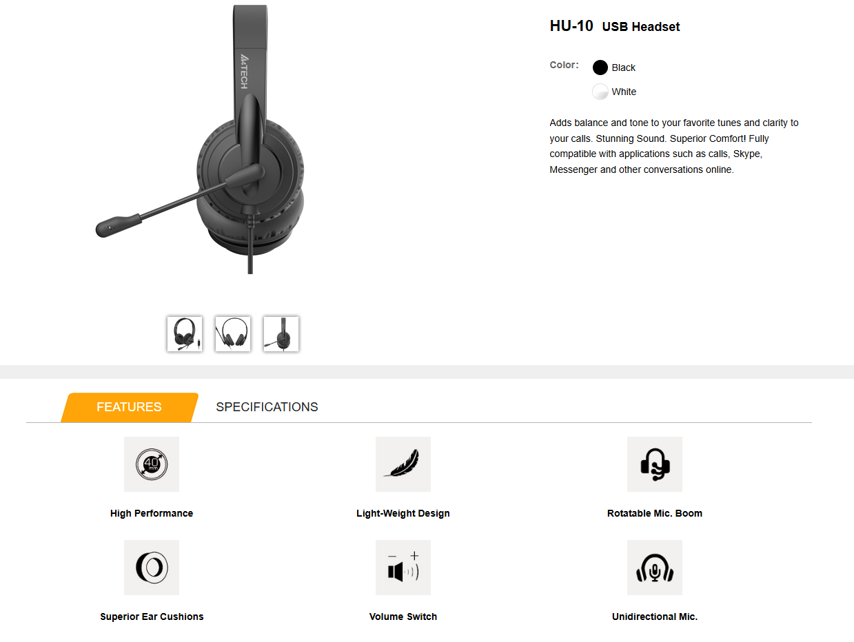 Itw | A4Tech Wired USB Headset Headphone HU-10 Black Light Weight ...