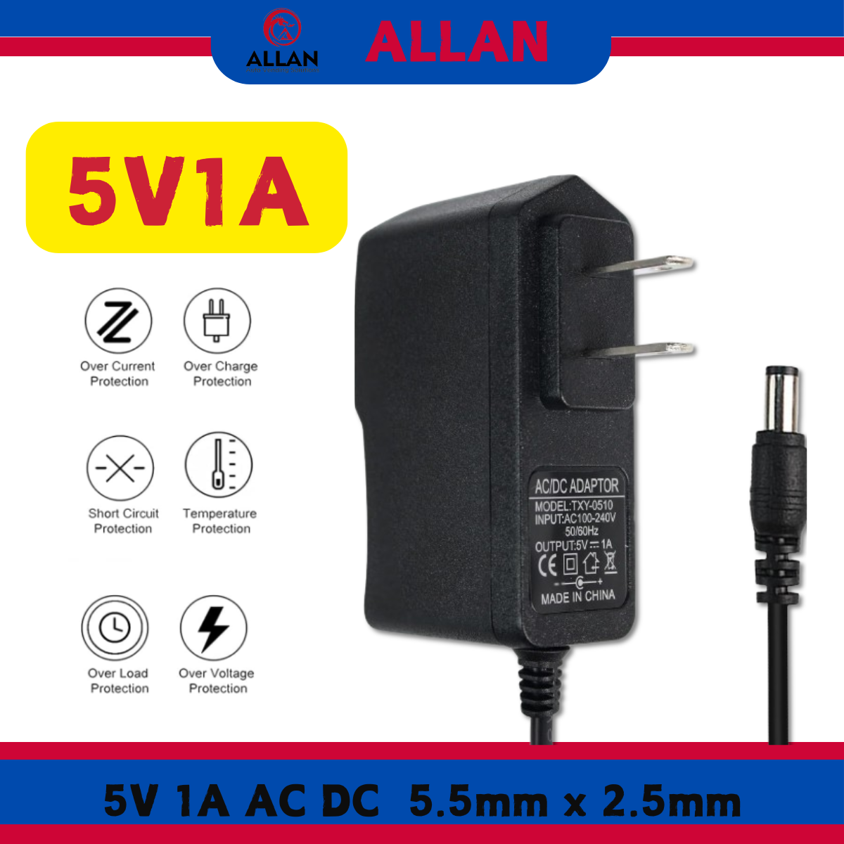 ALLAN US American Standard DC 5V1A 5.5*2.5 ADSL Cat Mercury TP Fast Adapter Power Supply 5V ...