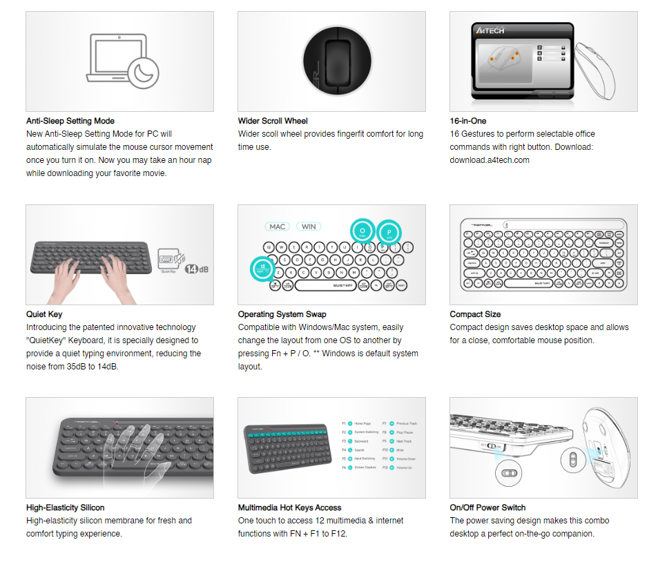 A4Tech FG3200 Air2 QuietKey 2.4G Hz Compact Wireless Keyboard and Mouse ...