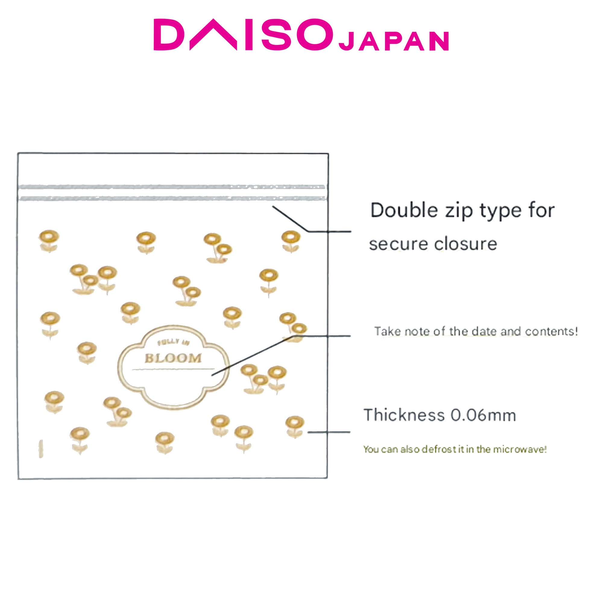 Daiso Double Zipper Freezer Bags in Bloom Print Design (S, 15pcs ...