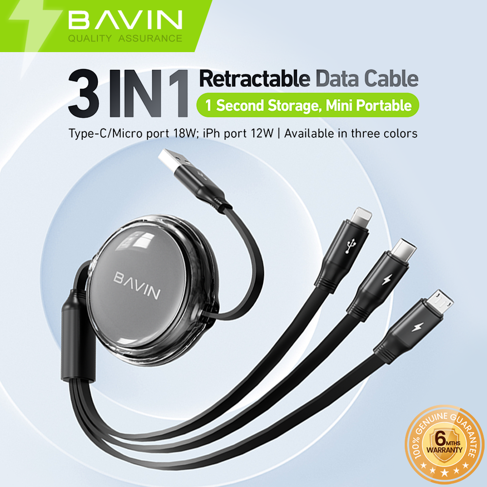 BAVIN CB371 3 in 1 Charging Data Cable w/ 1 Meter Retractable Wire ...