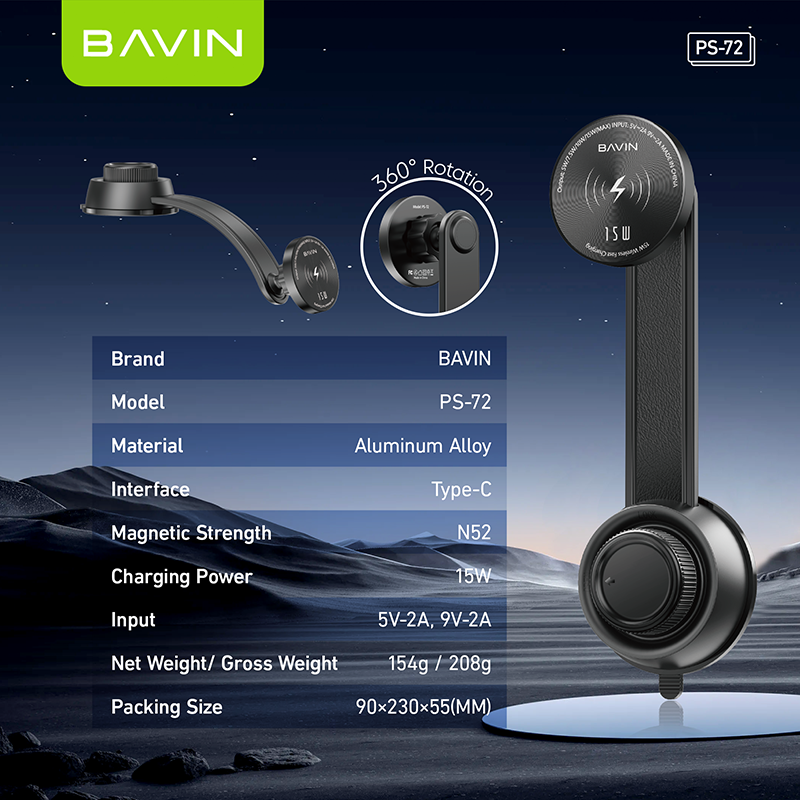 BAVIN PS72 15W Magnetic Wireless Charging Car Phone Holder Metal Soft Holder w/ 360 Rotation ...