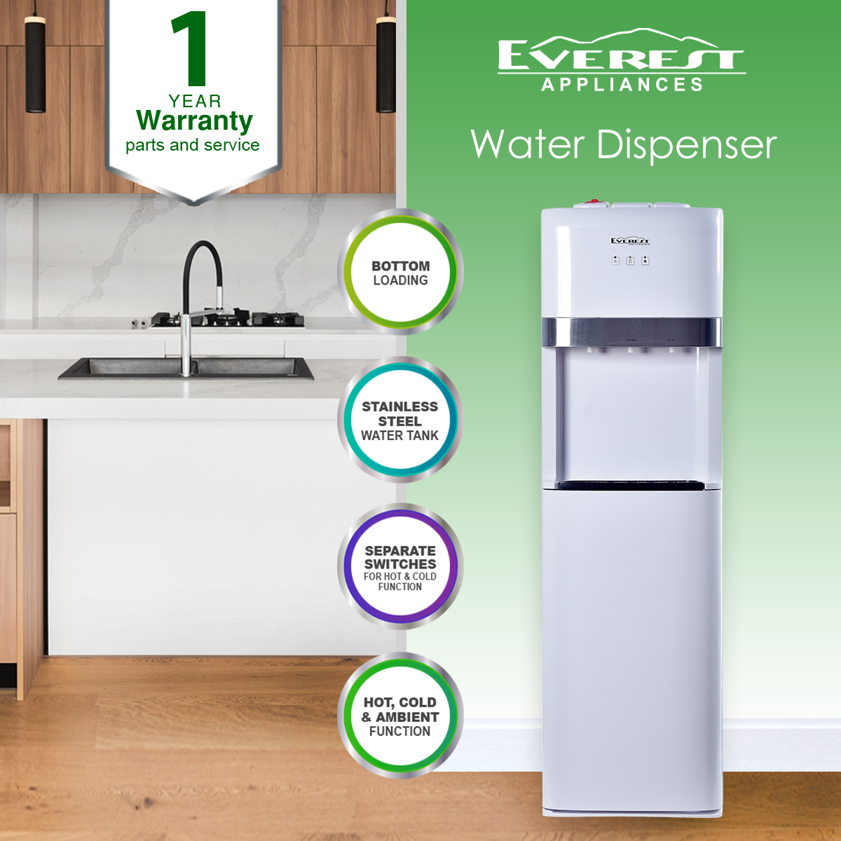 EVEREST Bottom Load Water Dispenser/ Hot, Ambient and Cold Function ...