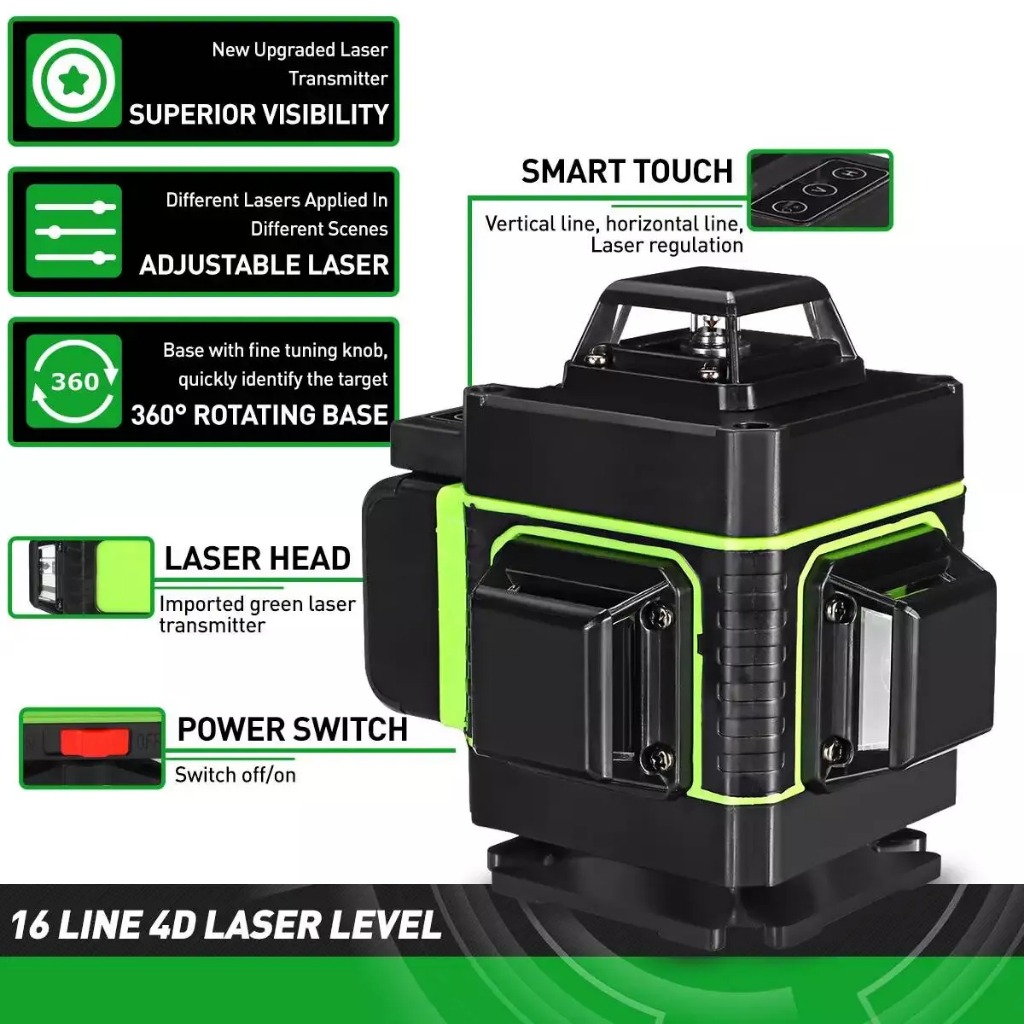 【24H Ship】12 / 16 Line Laser Level Green Light Self-Leveling 360 ...