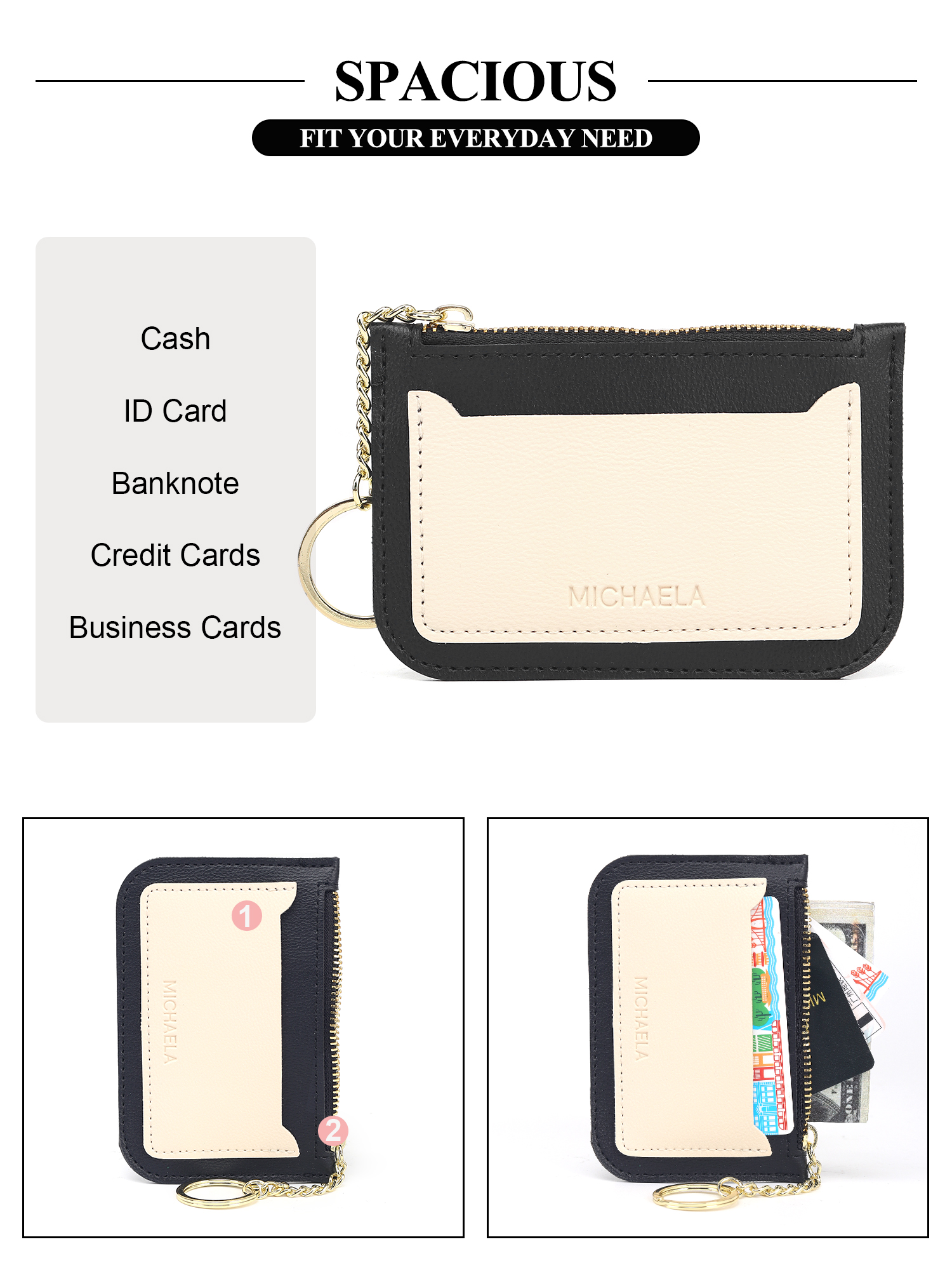 MICHAELA Stylish Zipper Card Holder with Keychain Two Tone Slim Roomy ...