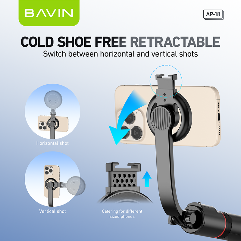 BAVIN P18 Magnetic Retractable Selfie Stick w/ Bluetooth Remote ...