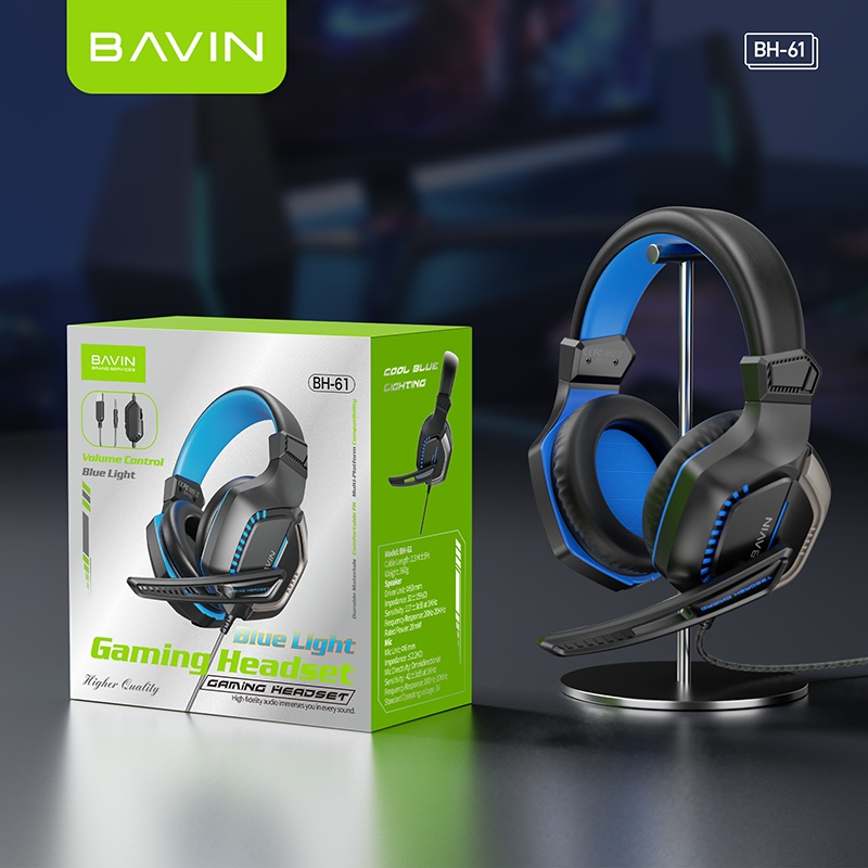 BAVIN BH61 Gaming Headphones Wired Headset w/ Blue LED Light Indicator ...