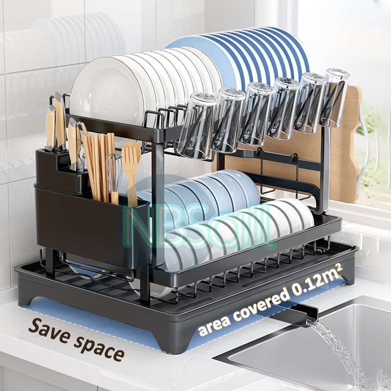 2 Tiers Dish Drying Rack Plate Drainer Rack Metal Kitchen Organizer ...