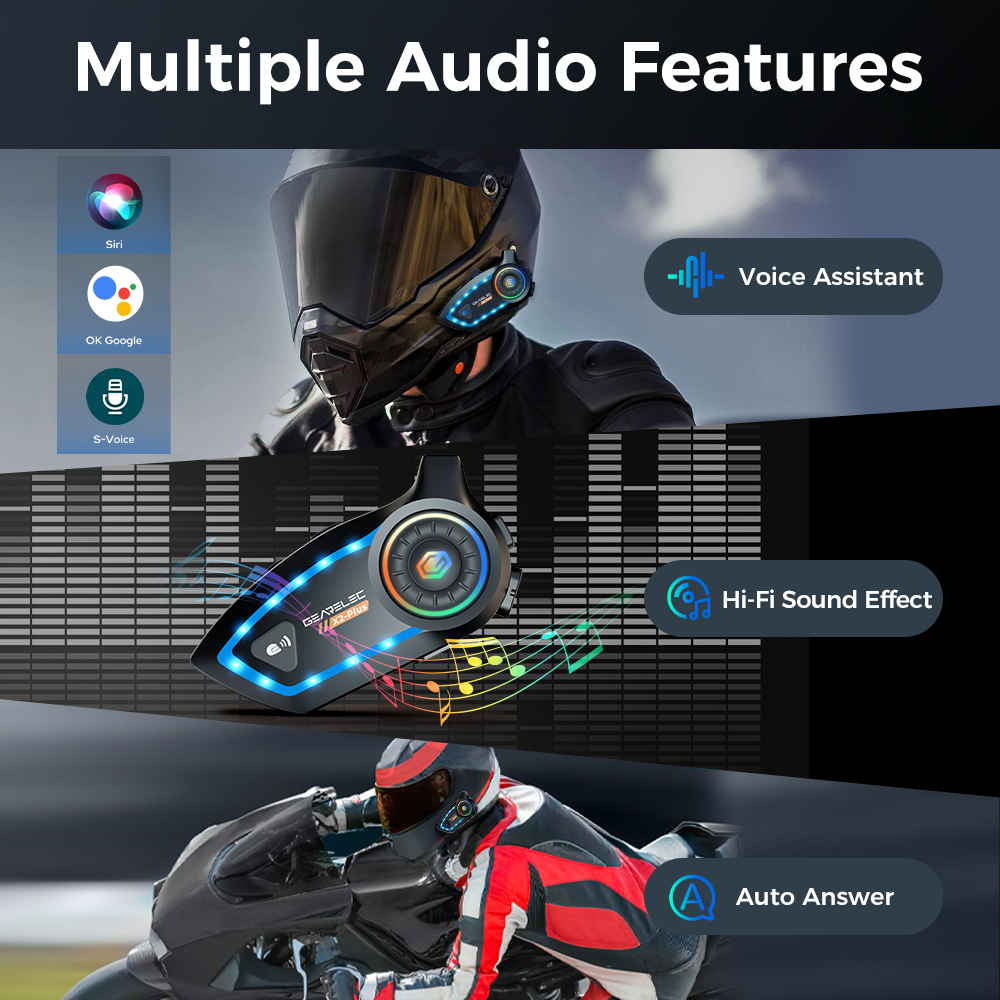 GEARELEC X2 Plus Motorcycle Helmet Intercom Headset 2 Rider 100M Music ...