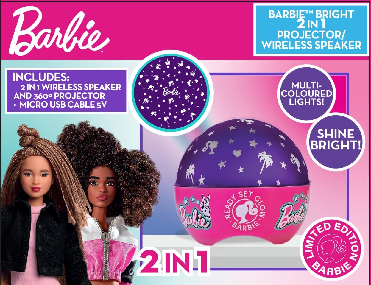 Barbie Ready Set Glow 2-in-1 Projector Light & Wireless Bluetooth ...