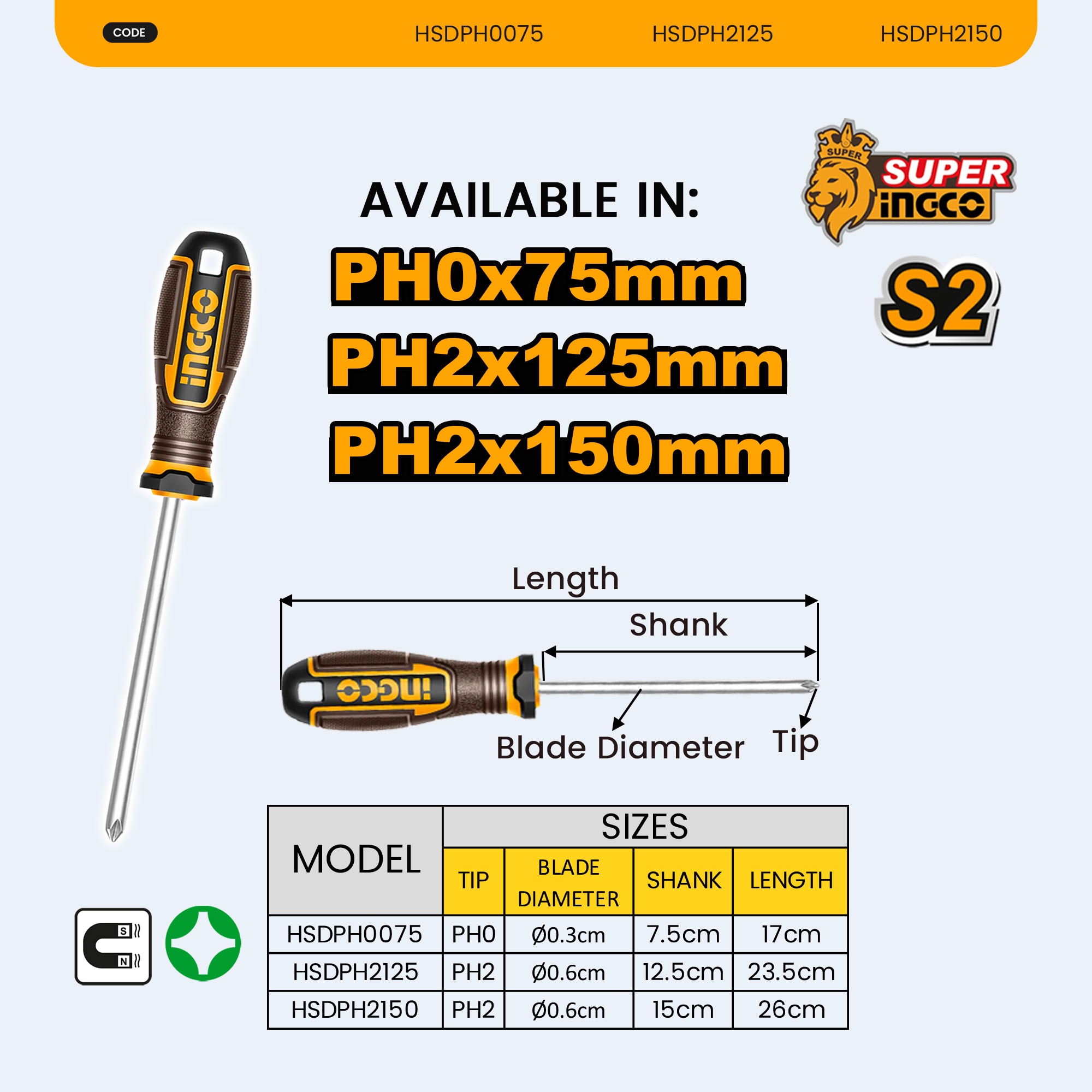Ingco Phillips Screwdriver 75mm | 125mm | 150mm Crosshead Magnetic Tip ...