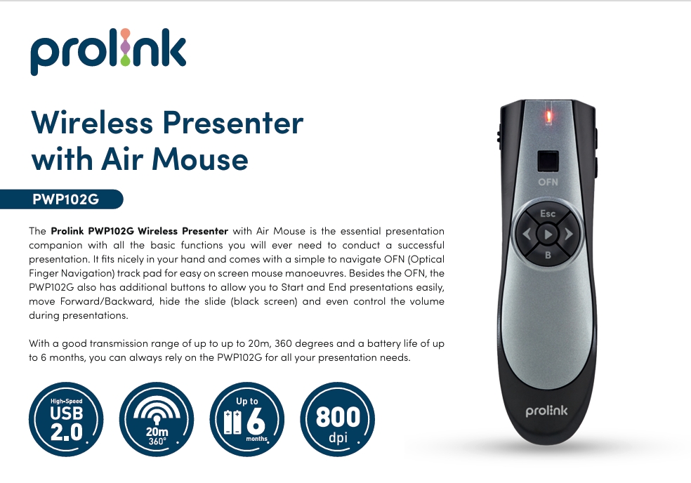 Prolink PWP102G Wireless Presenter with Air Mouse Red Laser for Laptop ...