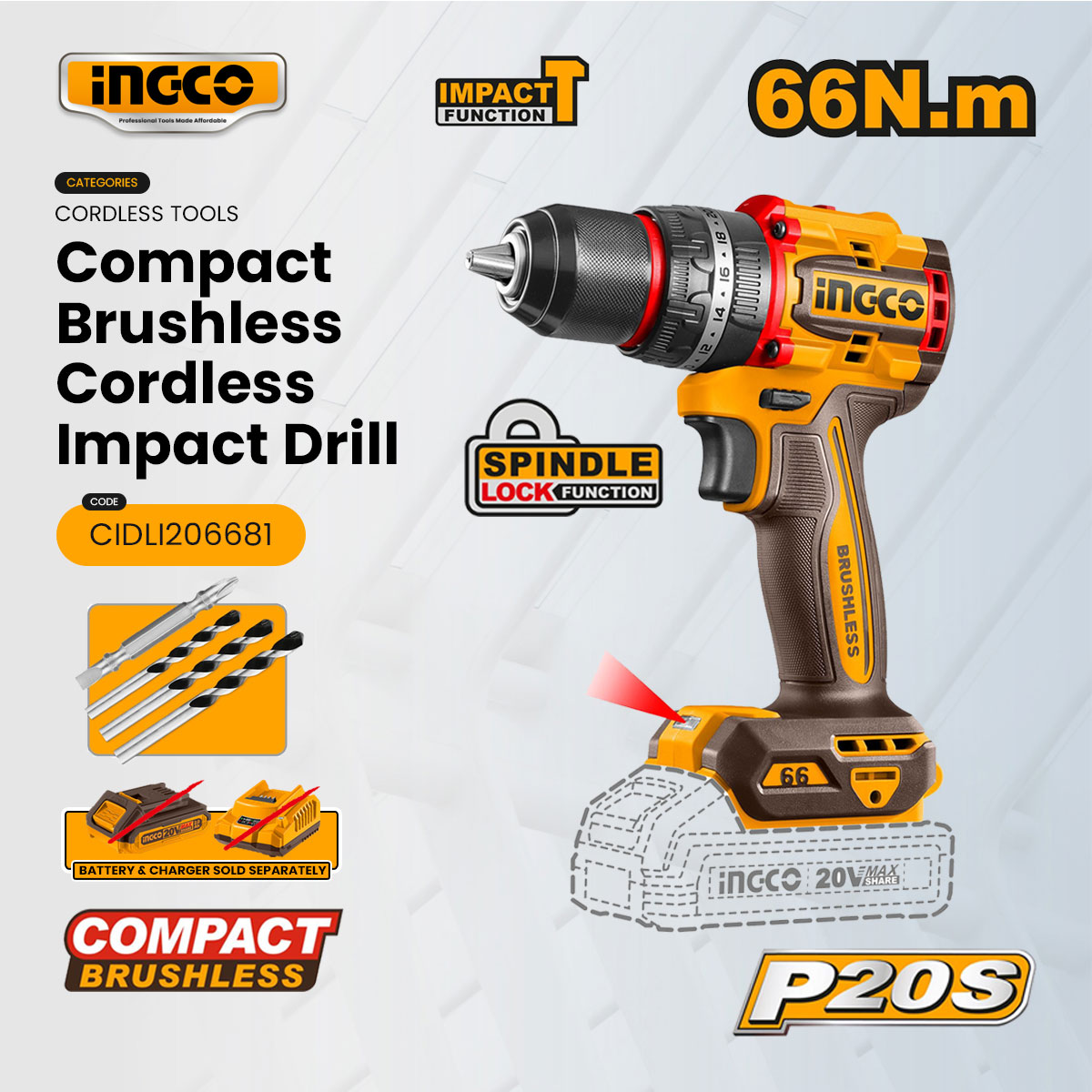 Ingco 20V Brushless Cordless Impact Drill (Set/Bare Unit) / 60Nm Drill ...