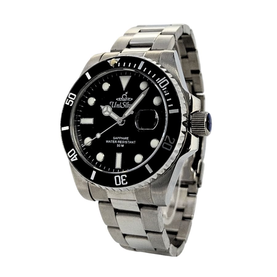 UniSilver TIME Men's Silver / Black w/ Date Analog Staiinless steel ...