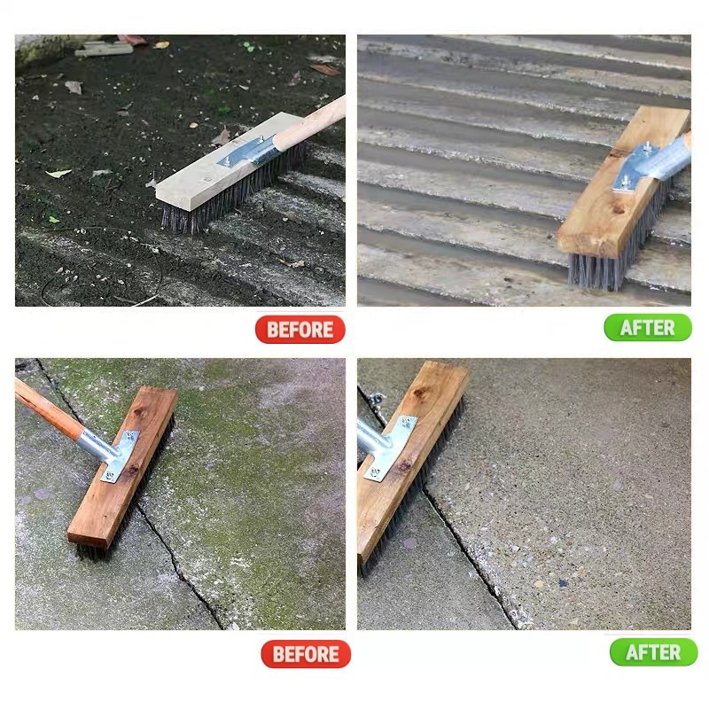 floor scrub wire brush with wood long handle for cleaning bathroom ...