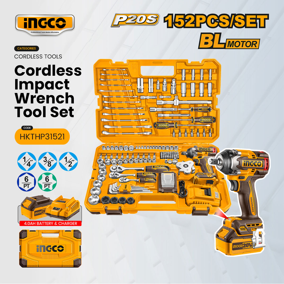 INGCO 152pcs 20V Cordless Impact Wrench Tool Set - CKLI20271 ...