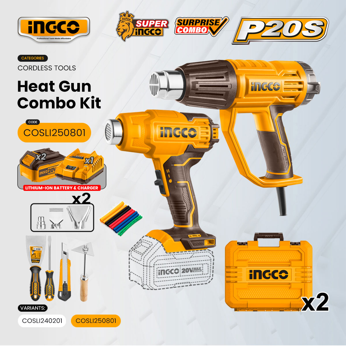Ingco Corded / Cordless Heat Gun Combo Kit Hot Air Blower Heat Shrink ...