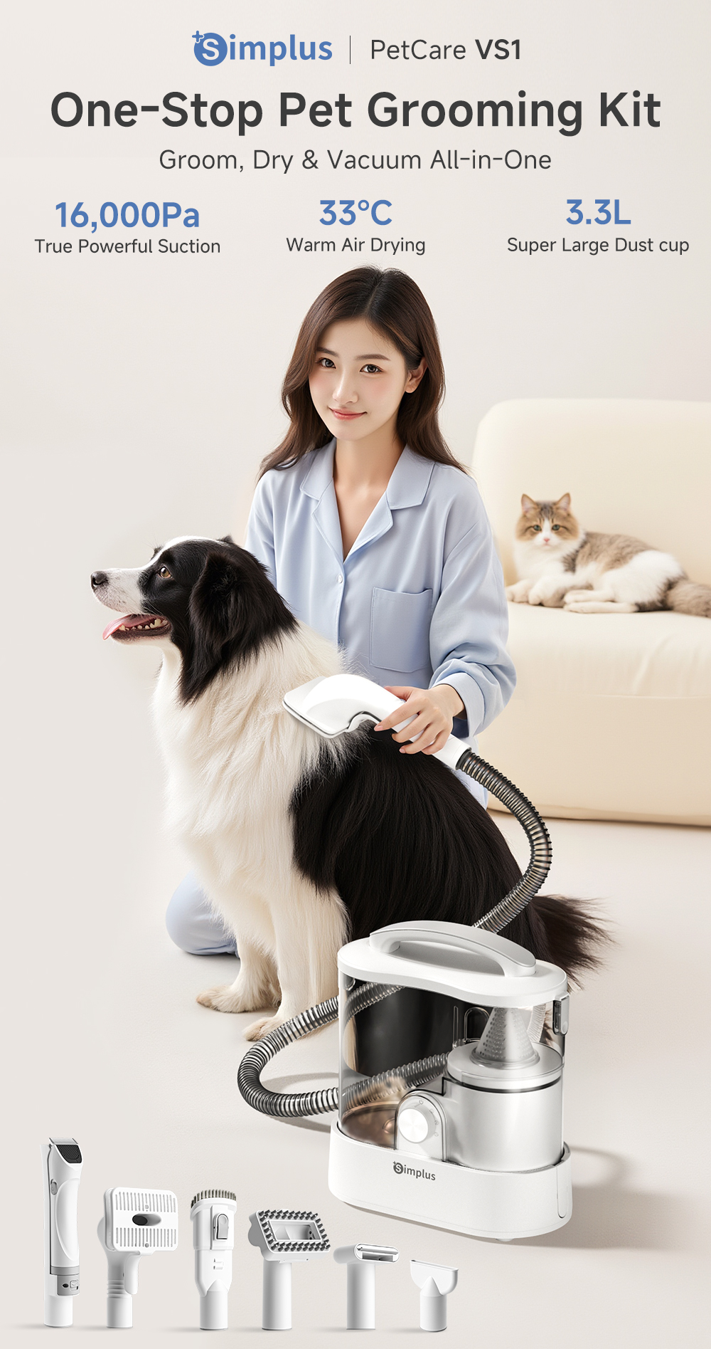 Simplus Pet Grooming Vacuum Cleaner Dog Cat Care Kit Hair Trimming ...