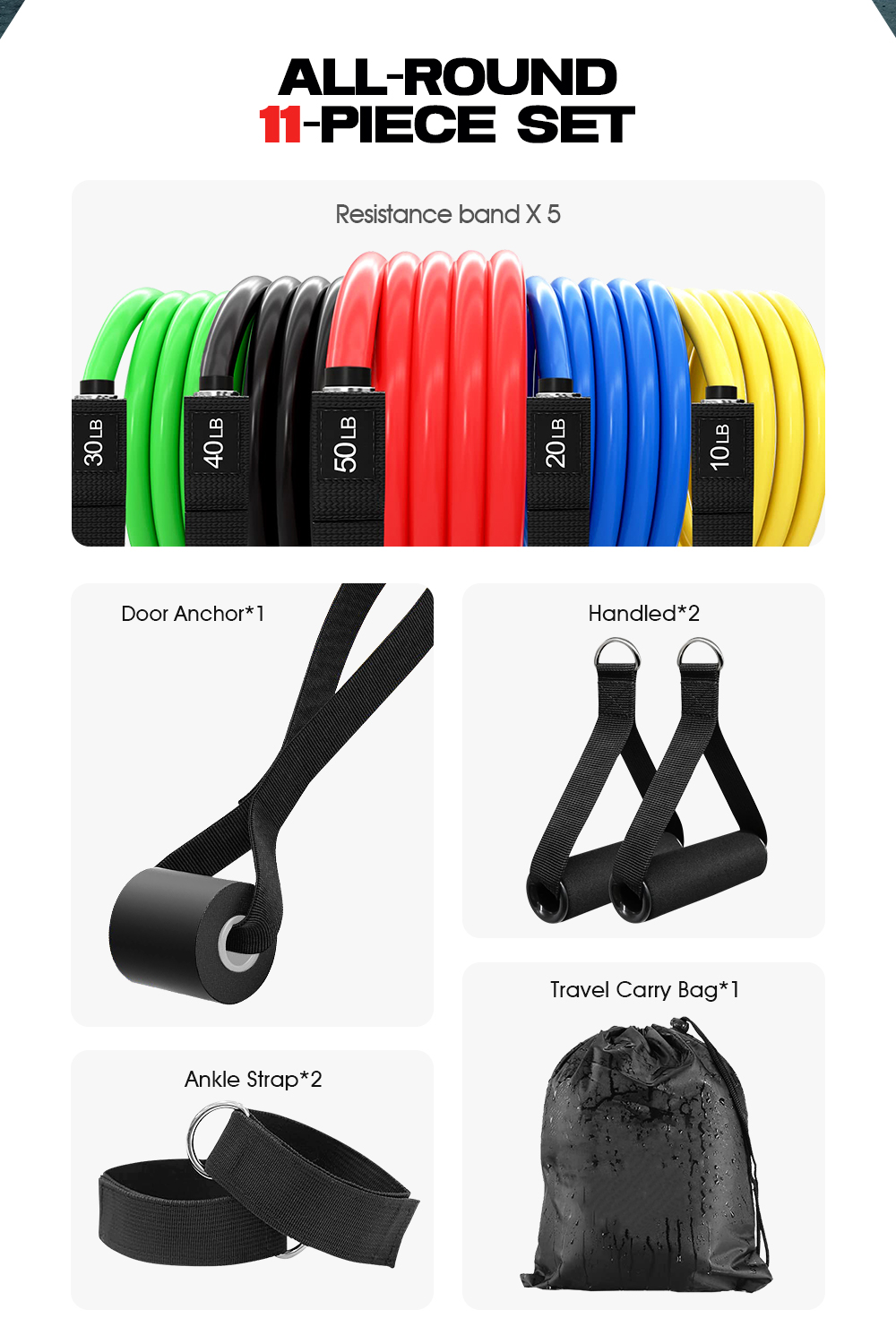 100LB Resistance Bands 11-Pack Exercise Tension Ropes for Full Body ...