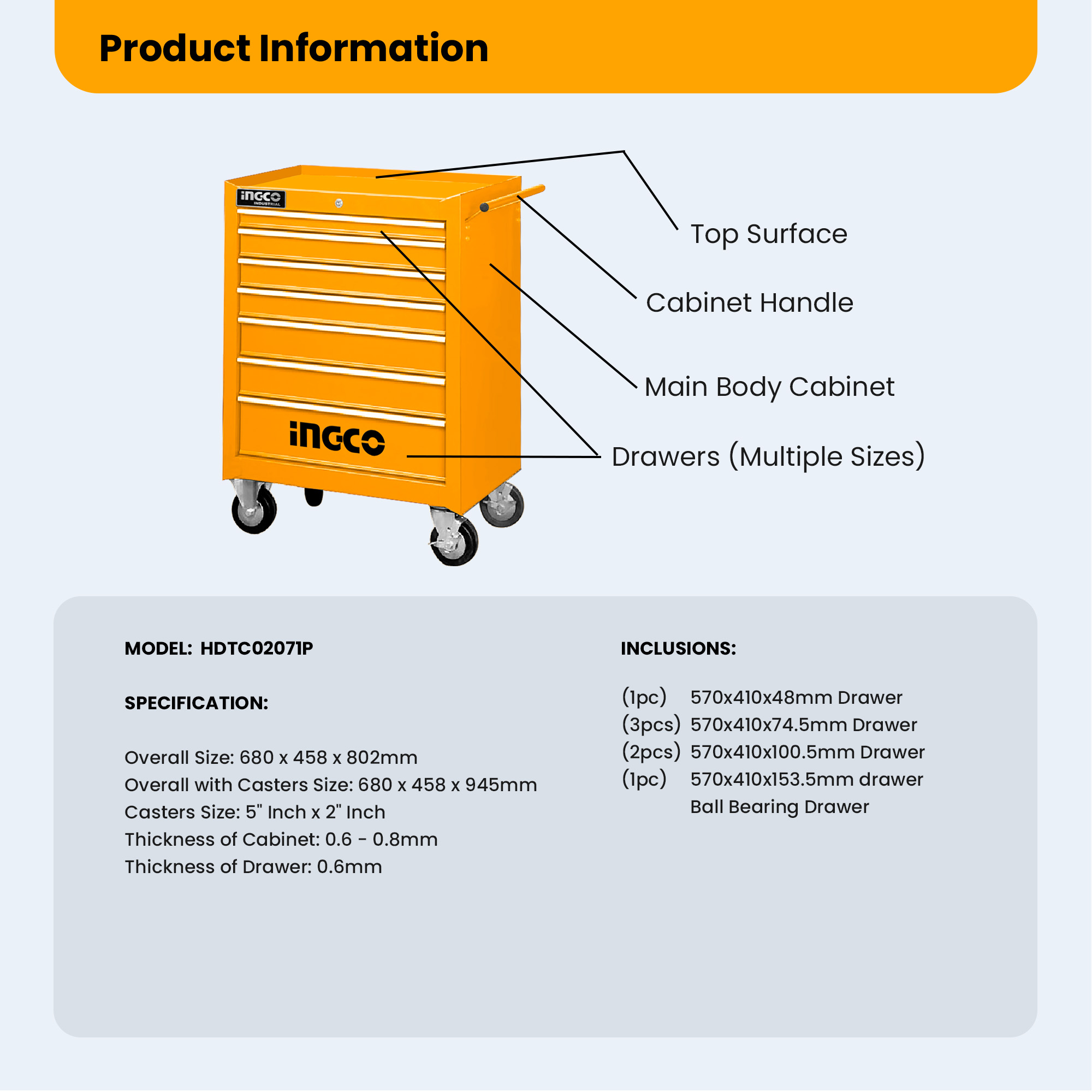 Ingco 7-Drawer Roller Cabinet Tool Chest Garage Storage Box Mobile ...
