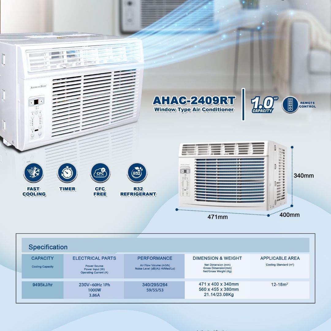 American Home Window Type Air-Condition AHAC-2409RT 1.0Hp with Remote ...