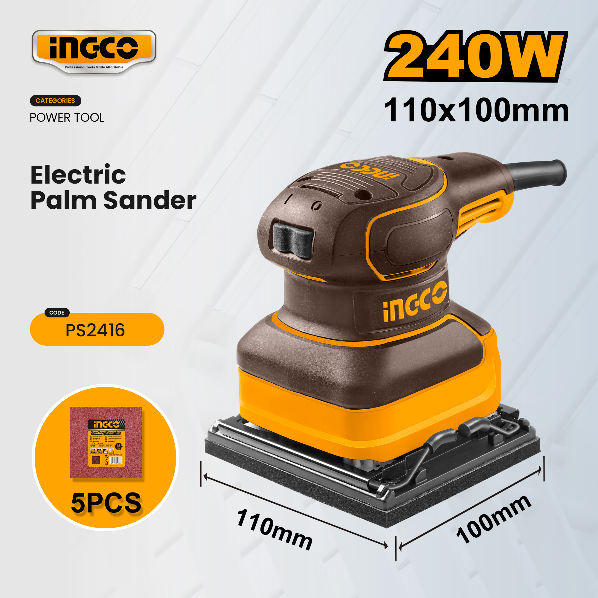 Ingco Palm Sander Wood Finishing Tool Sanding Machine 240W With 5Pcs ...