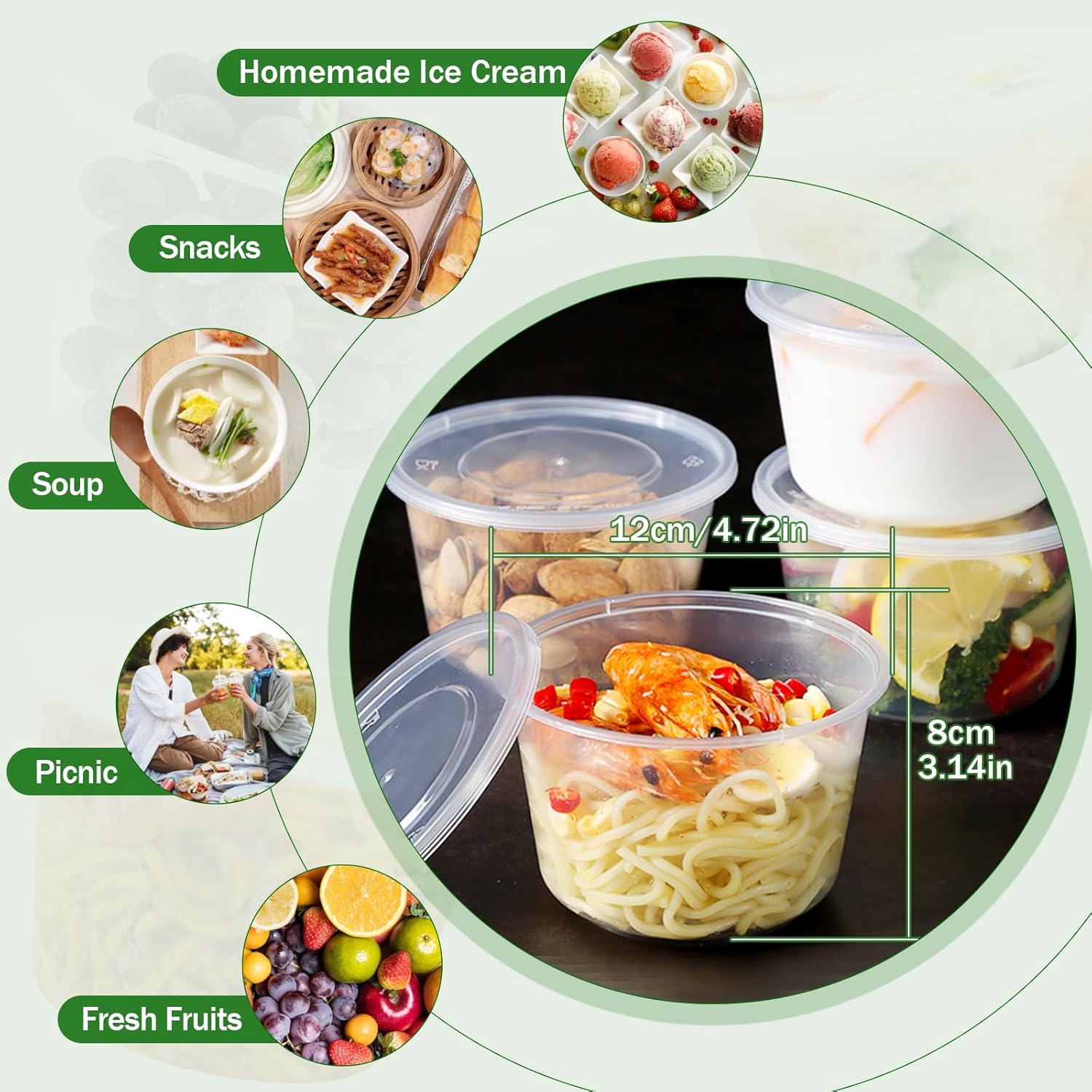 50PCS Round Microwavable Food Container Tub 300ml To 800ml With Lids ...