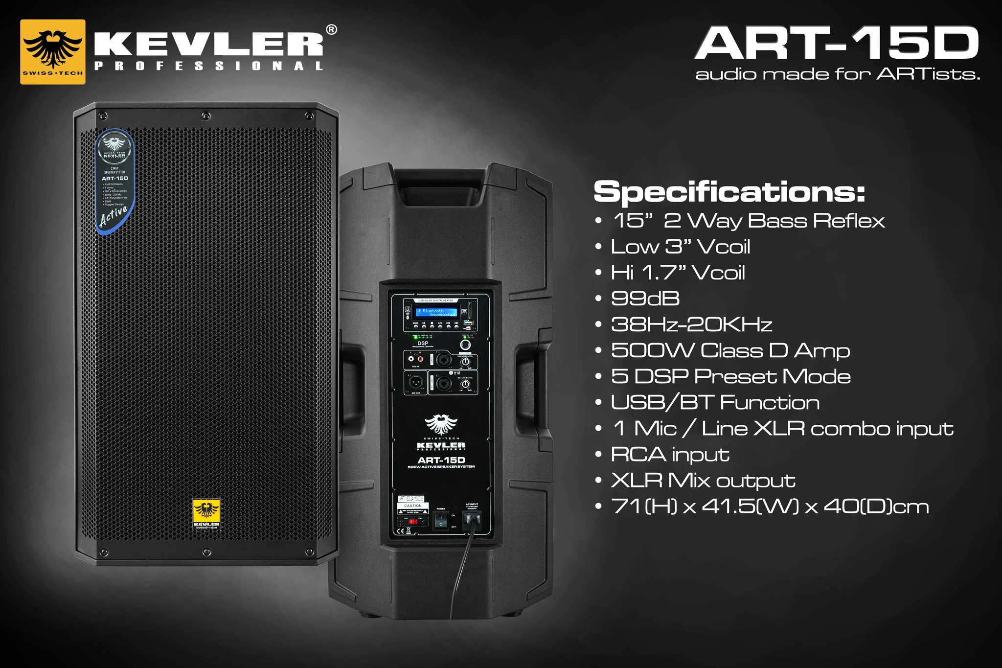 1pc. Kevler Professional ART 15D 15 inch 500 Watts Class D Amplifier 5 Preset DSP speaker ...